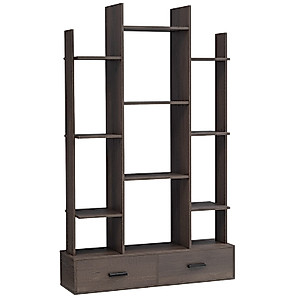 WEENFON Unique Bookcase with 1 Large Drawer, Tree-Shaped Bookshelf with 12 Storage Shelves, Open Standing Ladder Shelf, Bookshelf for Bedroom, Living Room, Office, Dark Brown