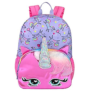 Emma & Chloe Waterproof Holographic Rainbow Unicorn Backpack with Horn for Girls for Elementary, Middle School (Starlight Twinkle Berry)