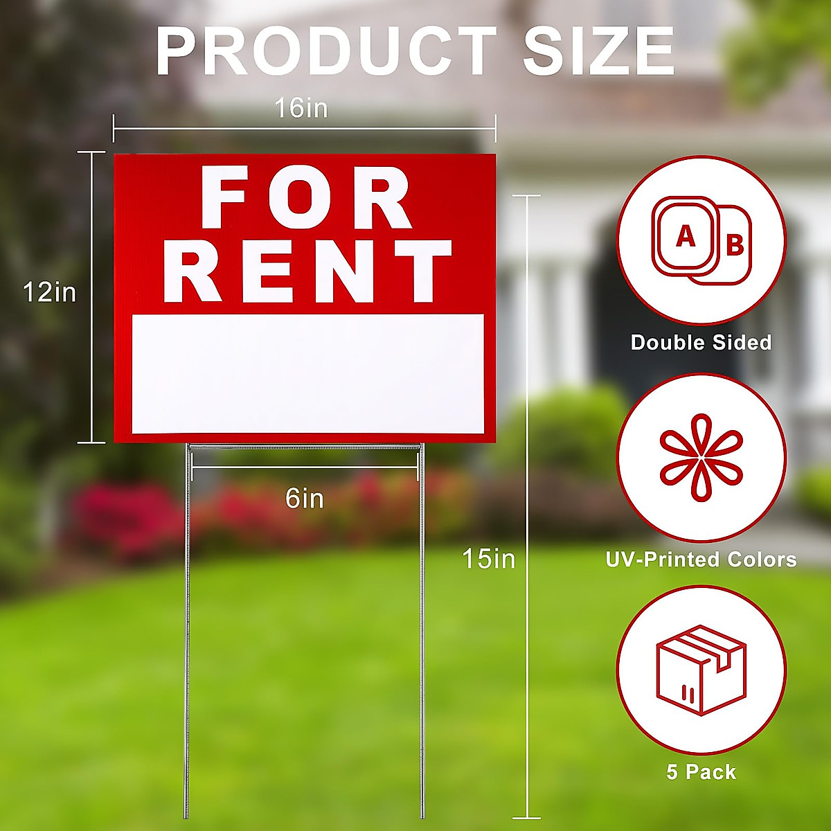 Yaomiao 5 Pcs for Rent Sign with Stand 16 x 12 Inch Plastic Yard Sign with Tall Stakes Double Sided Waterproof Corrugated for Rental House Car Apartment Shops Business(Red)