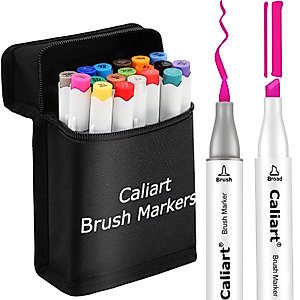 Caliart 18 Colors Brush & Chisel Permanent Alcohol Markers, Dual Tip Artist Sketch Art Markers Set for Adult Coloring Book, Aesthetic Cute School Supplies, Pens for Drawing Coloring Illustrations