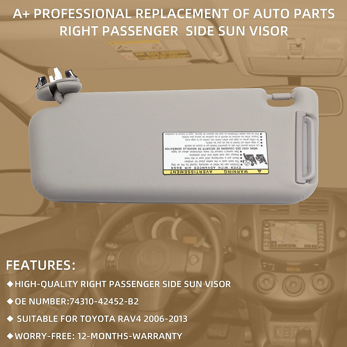 Dasbecan Front Right Passenger Sun Visor Gray Compatible with Toyota RAV4 2006 2007 2008 2009 2010 2011 2012 2013 Replaces# 74310-42452-B2