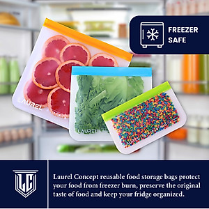LAUREL Reusable Freezer Silicone Food Storage Bags -10 Pack+2 Gift, PEVA Silicone Bags for Food Storage, Reusable Plastic Free Ziplock Bags (3 Gallon Freezer Bags + 4 Sandwich Bags + 3 Snack Bags)