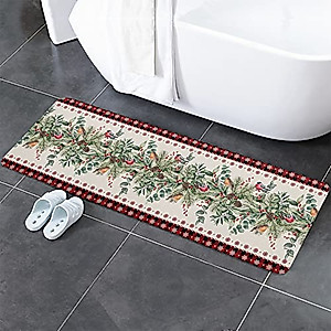 Kitchen Mat Rug 1 PCS Christmas Bird Poinsettia Pine Cone Red Plaid Linen Runner Rug Anti-Fatigue Comfort Memory Foam Standing Mat Non-Slip Floor Door Mat for Bathroom Bedroom 24x71in