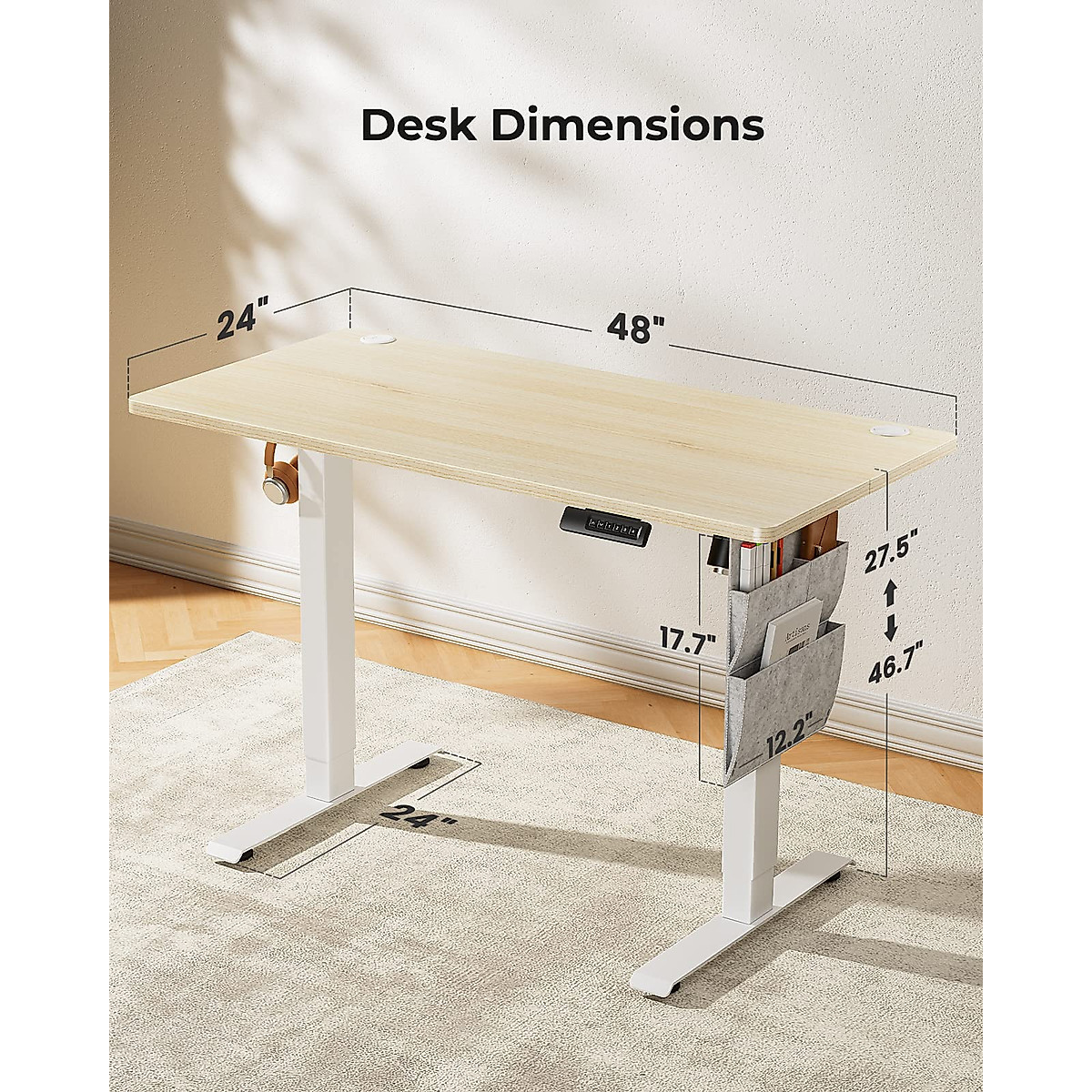 Marsail Electric Standing Desk, 40x24 Inch Adjustable Height Home Office Gaming Desk with 4 Memory Presets, Storage Bag, Stand-Up Desk for Computer Workstations. Headphone Hook,Cable Organizer