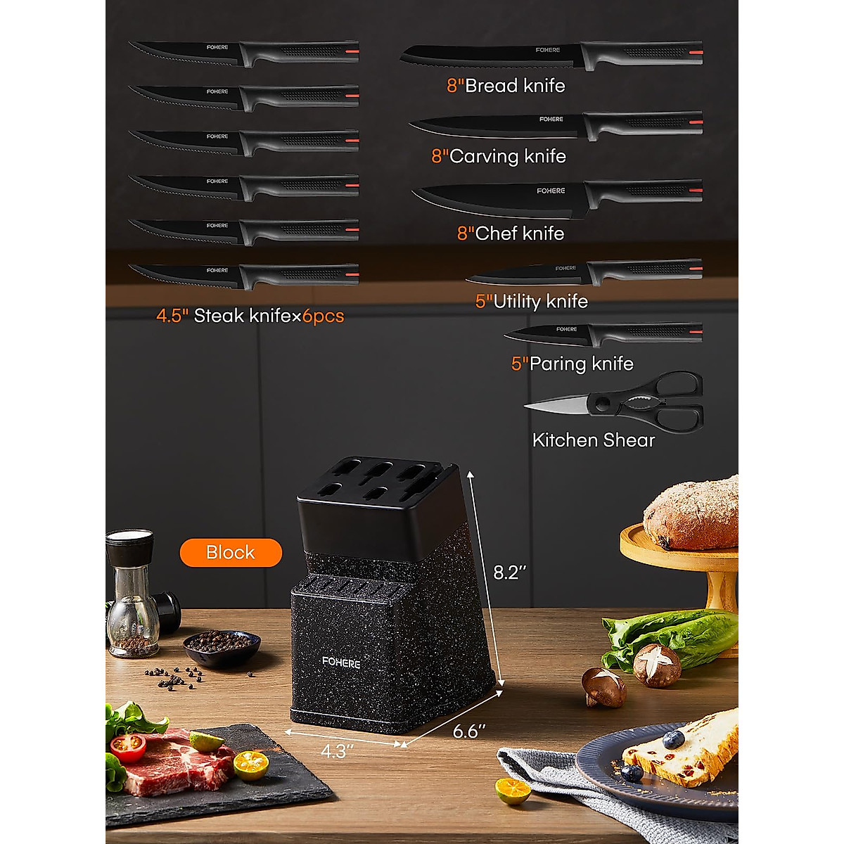 FOHERE Knife Set with Block 13 Pieces Stainless Steel Knife Sets for Kitchen with Built-in Sharpener Sharp Kitchen Knife Block Set with Granite Pattern, Anti-slip Handle Rust Resistant, Black