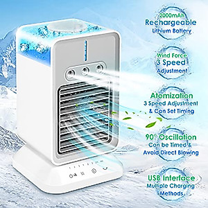 YiimDaifun Portable Air Conditioner, 2000mAh Rechargeable Atomization Fan (Timeable 2-4H), 90° Oscillation Cool Breeze Air Conditioner, Personal Space Cooler for Rooms, Offices, Campers, Indoor