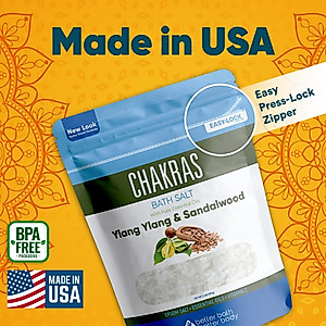 Chakras Bath Salt 32 Ounces Epsom Salt with Natural Ylang Ylang, Sandalwood, Eucalyptus, Frankincense, Chamomile and Cinnamon Essential Oils Plus Vitamin C in BPA Free Pouch with Easy Press-Lock Seal