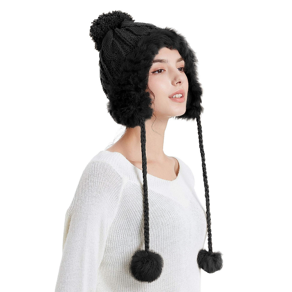 Zecmos Winter Skull Beanie Hat Women Faux Fur Knit Warm Soft Ski Cap Fleece Ear Flaps Black