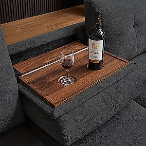 Jarenie Sectional Sofa with Storage and Cupholder, 4 Seat L Shaped Couch with Reversible Ottoman, Wooden Legs, Upholstered Fabric Sofa Couches for Living Room, Apartment, Office (Dark Grey)