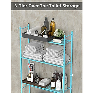 Livilord Over The Toilet Storage, 3-Tier Metal Bathroom Shelves, Freestanding above Toilet Storage Shelf with 4 Hooks for Bathroom, Blue