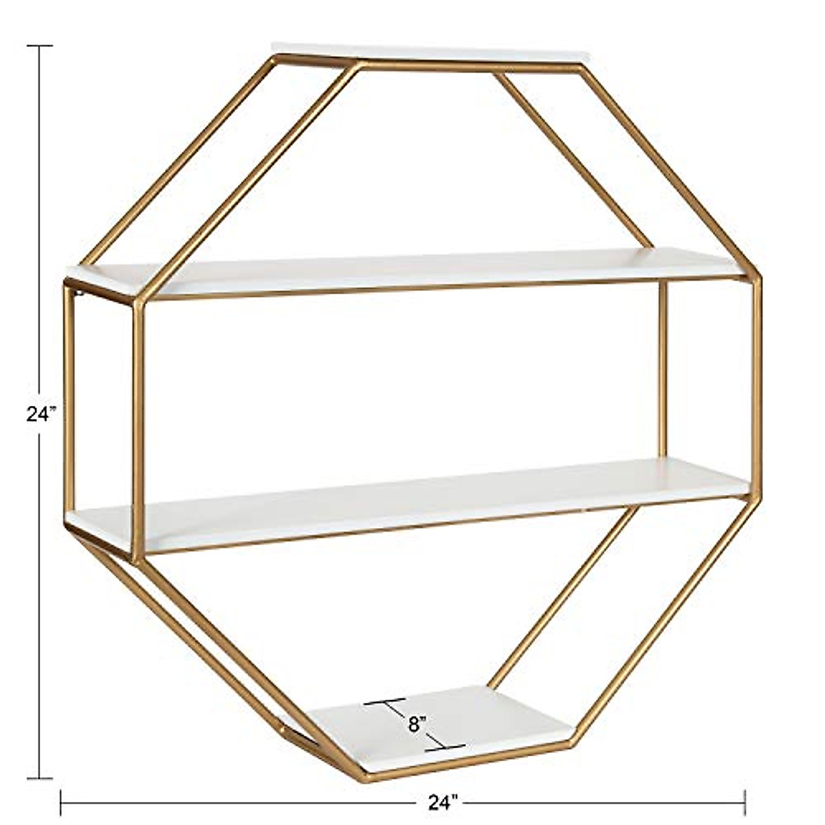 Kate and Laurel Lintz Glam Octagon Wall Shelf, 24 x 24, White and Gold, Modern 4-Tier Geometric Shelves for Wall