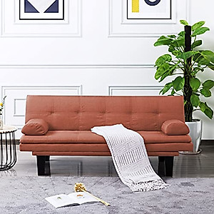 Morhome Futon Bed,63.4” Convertible Sleeper Tapered Wood Legs,Small Splitback Sofa for Living Room,Bedroom,Orange