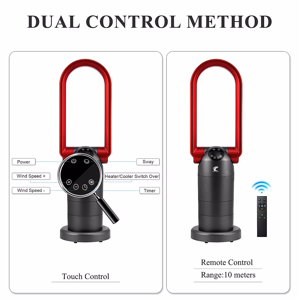 OceanLoong Space Heater & Bladeless Tower Fan All Season for Home, 1500W Eco Electric Heater with Adjustable Thermostat, Tip-Over Switch, Remote Control, Timer, Oscillating, Tilt Head, 29” Red, AB01