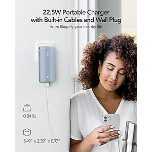 VRURC Portable Charger, 22.5W Fast Charging Power Bank with Built-in Cables & AC Wall Plug, 10000mAh Battery Pack(QC4.0 PD3.0), USB C with 4 Output 2 Input, Compatible with iPhone Samsung etc - Blue