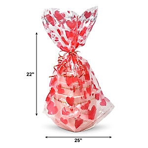 18 Valentine Cellophane Basket Bags with Twist Ties 22" x 25" Jumbo Large Valentines Day Red Heart Gift Wrap Clear Cello Plastic Bag for Baskets
