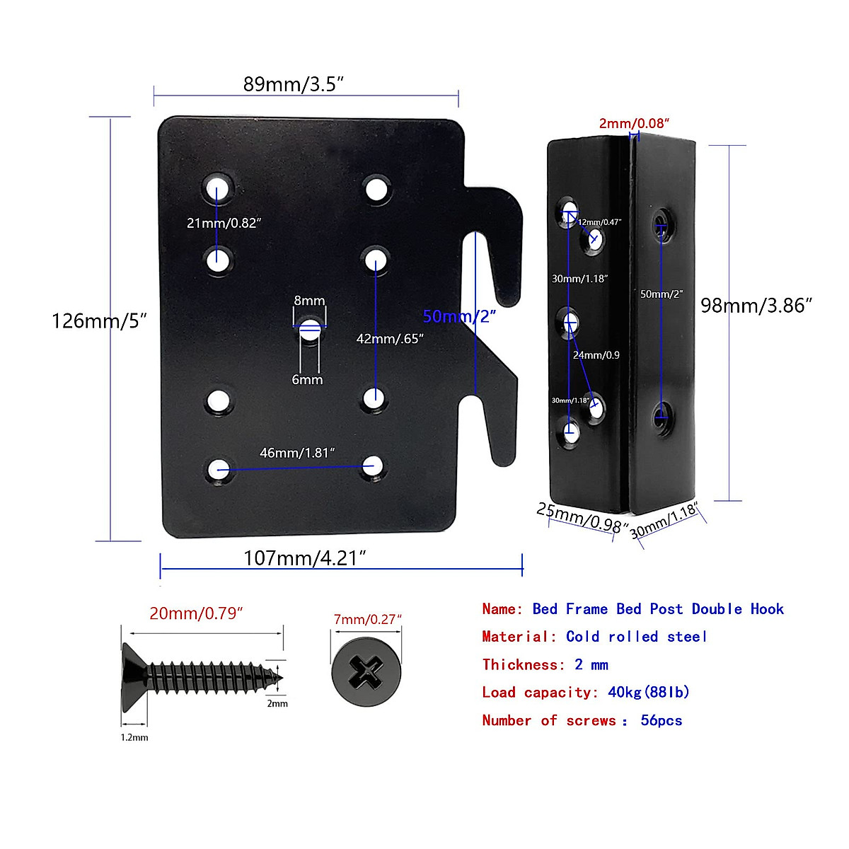 Bed Frame Post Double Hook Slot Hardware Attachment Bracket，Bed Rail Hooks Cold Rolled Steel 5''×4¼''，Thickness 2 mm, Heavy Duty for Plates Bed Accessories with Screws Included（4 Sets ） (5''×4¼'')