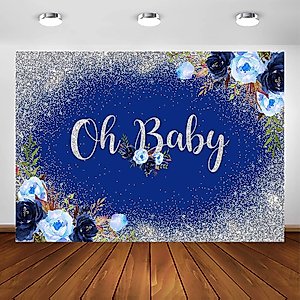 Avezano Navy Blue and Silver Baby Shower Backdrop for Boy Baby Shower Party Decorations Photography Background Glitter Silver Navy Blue Floral Oh Baby Party Decorations Backdrops (7x5ft)
