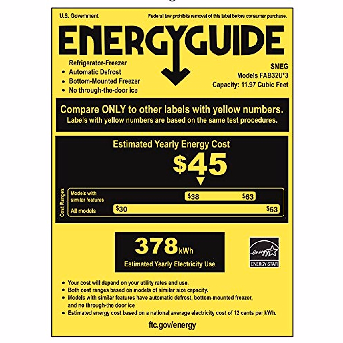 SMEG FAB32URBL3 FAB32 Retro Style Refrigerator, Black