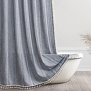 Awellife Rustic Farmhouse Linen Shower Curtain Blue Gray Primitive Country Cottage Bathroom Decor Hemstitched Striped Minimal Chic Texture Boho Tassel Bathroom Shower Curtain Set with Hooks, 72x72