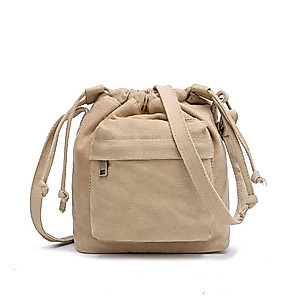 Women Small Canvas Purse Crossbody Bag Ladies Cute Little Drawstring Bucket Boho Purses, Tan