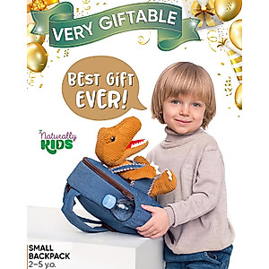 Naturally KIDS Small Dinosaur Backpack - Dinosaur Toys for Kids 3-5 - Toddler Backpack for Boy Girl w Stuffed Animal - Gifts for 3 Year Old Boy - w Pockets & Reflective Logo - Backpack w Brown T Rex