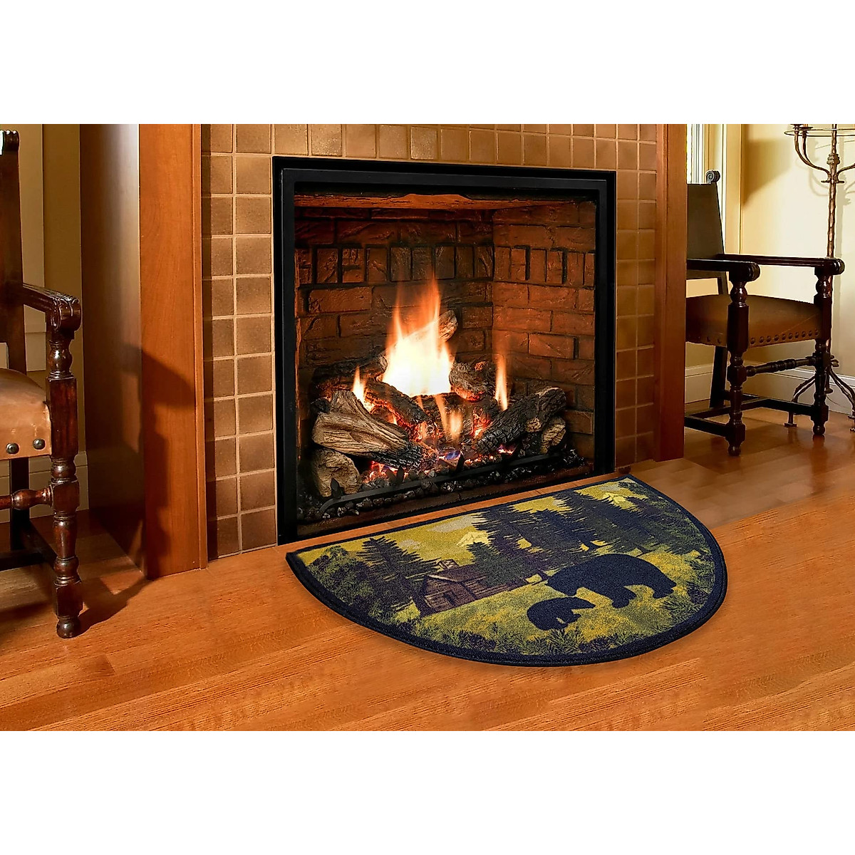 Cozy Floor Mats Hearth Rug for Fireplace, Bear & Cub, Non Slip Kitchen Mat, Green Black Gold Cream, Half Circle, Fire Resistant, Nature, Half Round, Heat Resistant, Cabin Rug (26"x 39")