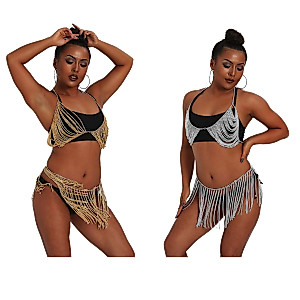 Sinkcangwu Womens Body Chain Suit Boho Rhinestone Bra Waist Belly Chain with Tassel Indian Dancing Skirt Dress for Party Halloween Costume Beach Bikini (Gold Metal)