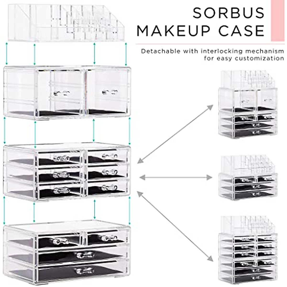 Sorbus Large Clear Makeup Organizer - Detachable Spacious Cosmetic Display Tower - Jewelry & Make Up Organizers & Storage Case - Acrylic Makeup Organizer for Vanity, Bathroom, Dresser & Countertop