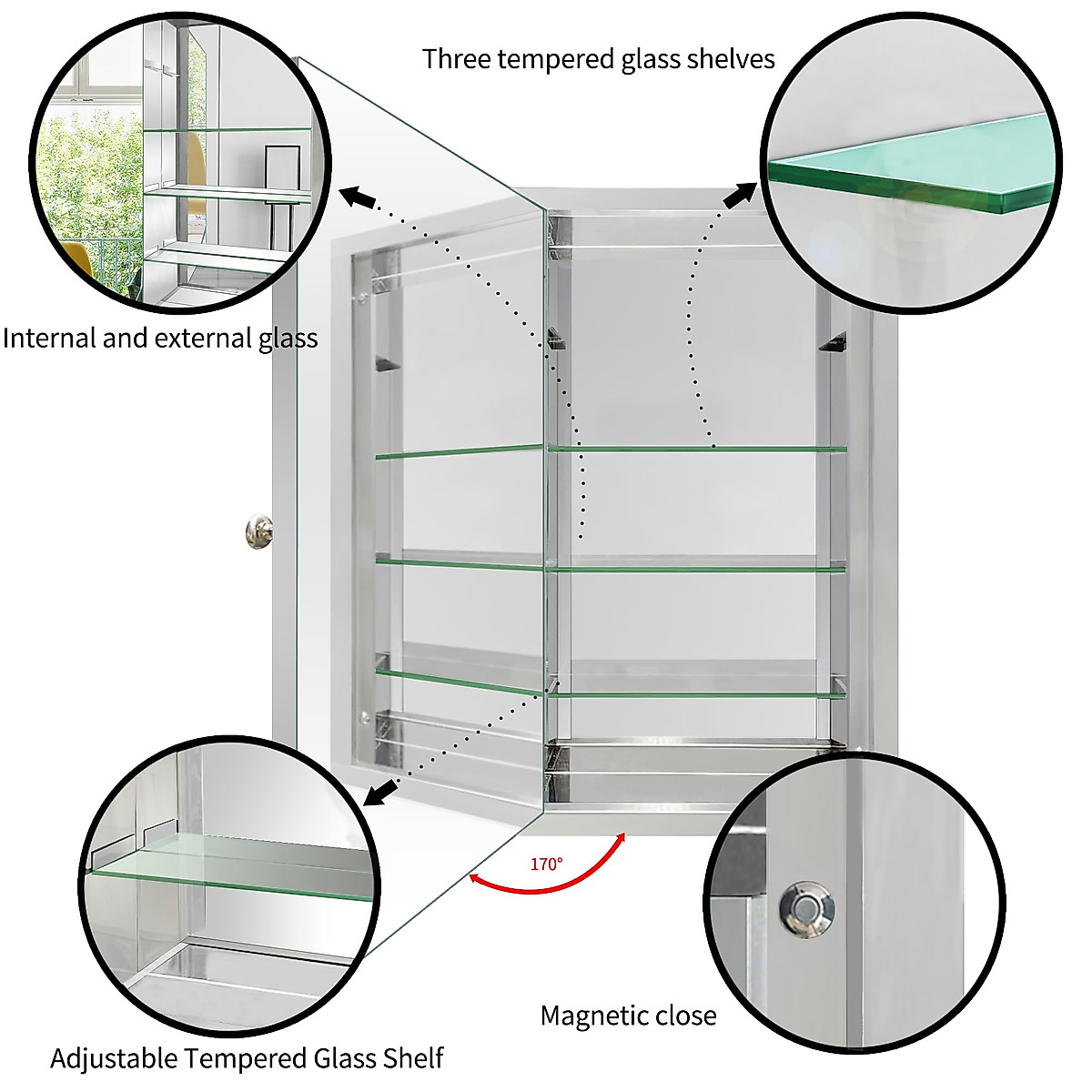 FOMAYKO Stainless Steel Medicine Cabinet with Mirror - Wall Mounted Bathroom Storage Organizer, Rust-Resistant Metal Mirror Cabinet for Vanity, Adjustable Shelves, 15x25 Inch