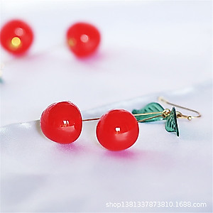 Lovely Handmade Cherry Food Fruit Drop Earring for Women 14K Gold Plated Lightweight Sweet Fruit Leaf Statement Dangle Earring Friendship Jewelry Birthday Gift-A red-1