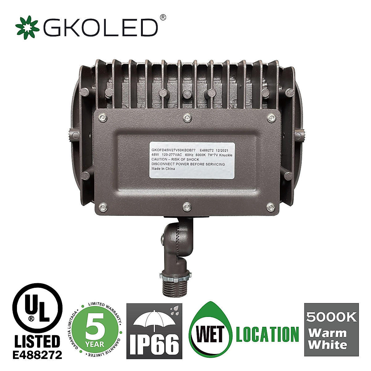 GKOLED 45W Outdoor Security LED Flood Lights 120-277V, Waterproof, 150W PSMH Equivalent, 5400 Lumens, 5000K Daylight White, 70CRI, UL-Listed, 1/2" Adjustable Knuckle Mount