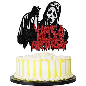 PALASASA Have a Killer Birthday Glitter Cake Topper,For Horror Classic Halloween Bloody Theme Birthday Party Cake Decorations (Death Killer)