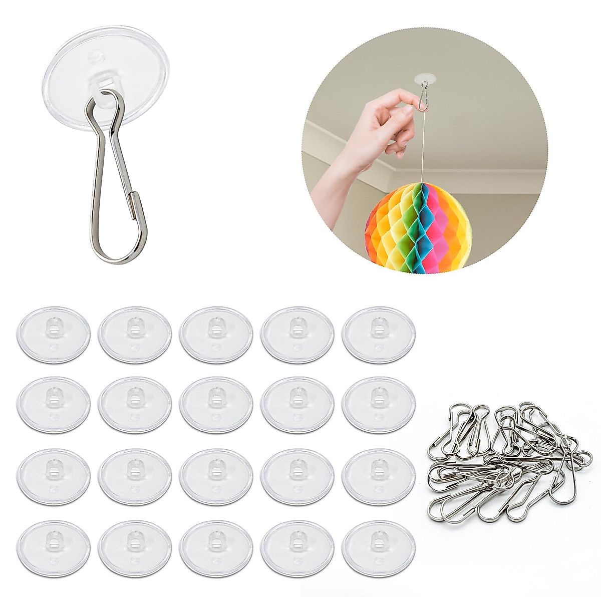 MultiValue 20 pcs Adhesive Ceiling Hooks, Hooks for Hanging Festival Wedding Birthday Decorations Adhesive Hooks Wall Hooks with Binding Rings Hooks for Outdoor String Lights Honeycomb Balls (20 PCS)