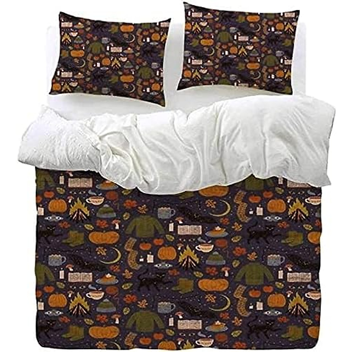 Autumn Nights Candle Pumpkin Warm Flame Bedding Sets 3 Piece Duvet Cover, Breathable Quilt Cover with 2 Pillowslips for Guest Room School Dormitory Bedding Sets Lining-King 104" X 90"