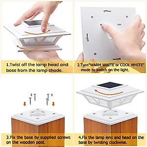 SIEDiNLAR Solar Post Lights Outdoor 2 Modes LED Fence Deck Cap Light for 4x4 5x5 6x6 Posts Garden Patio Decoration Warm White/Cool White Lighting White (2 Pack)