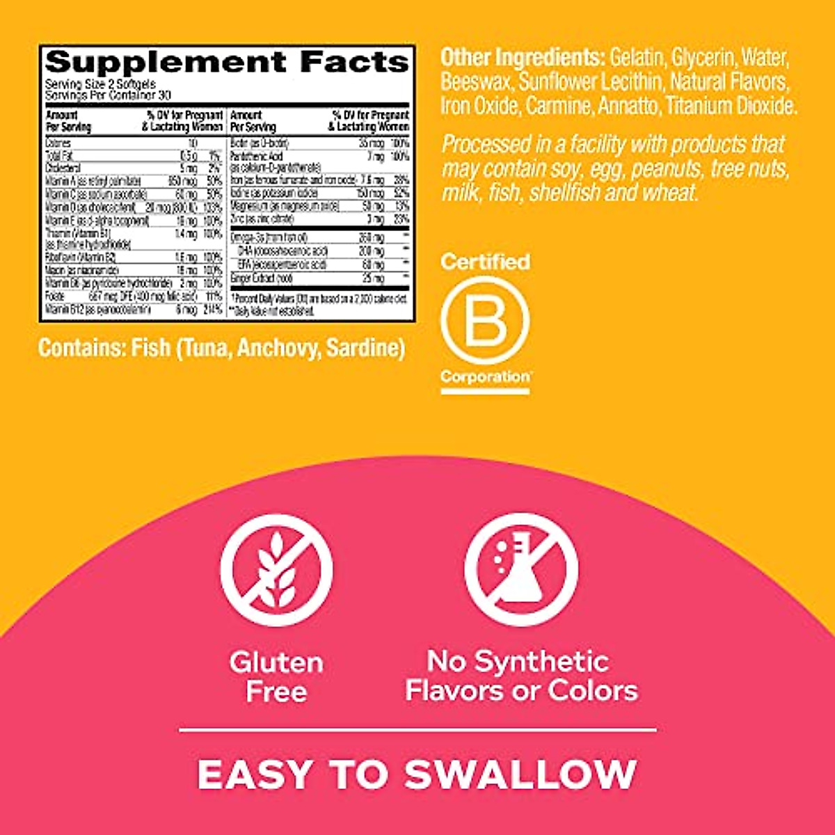 OLLY Ultra Strength Prenatal Multivitamin Softgels, Supports Healthy Growth, Brain Development, Iron, Folic Acid, DHA, Vitamins C, E, 30 Day Supply-60 Count (Packaging May Vary)