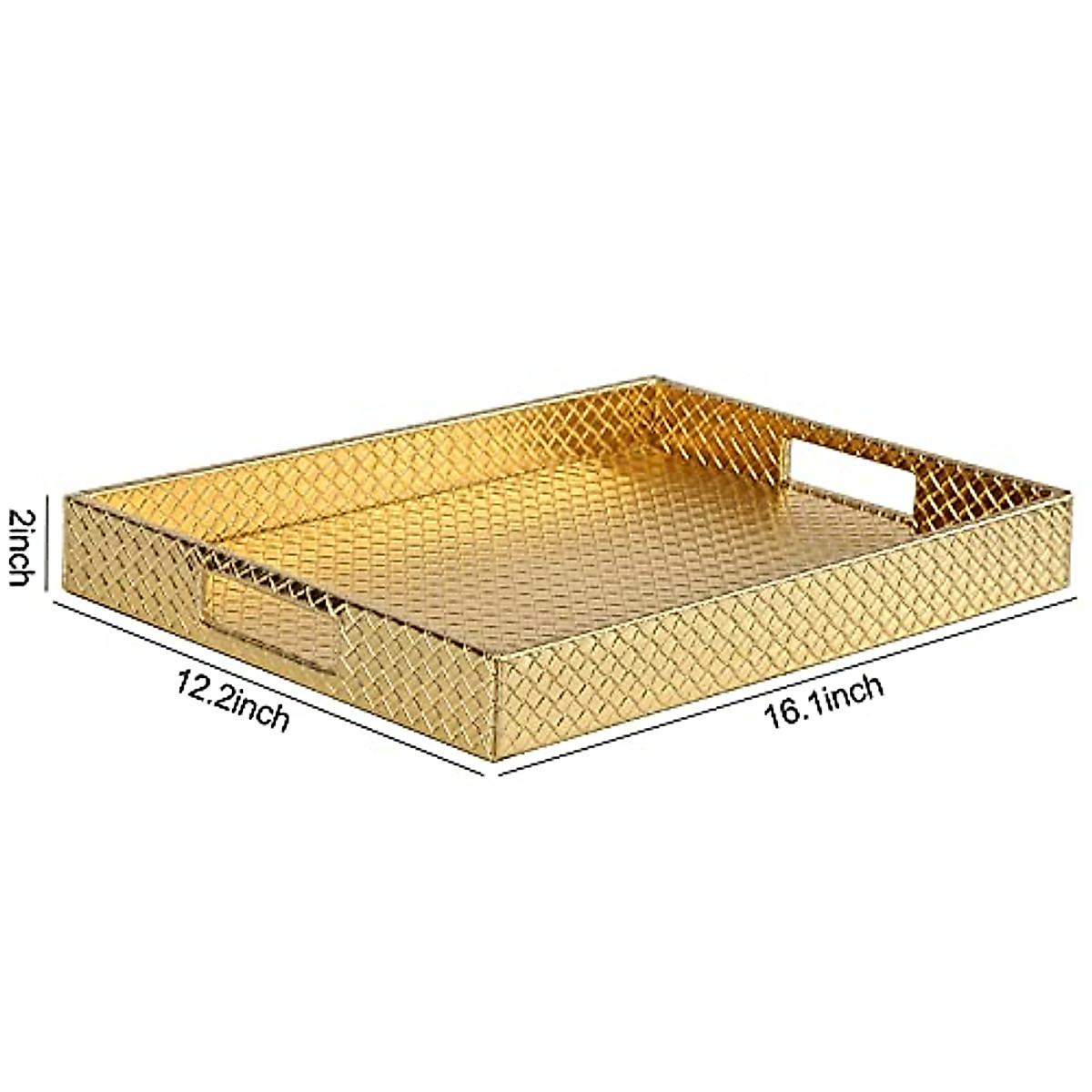 HofferRuffer Rectangle Serving Tray with Hole Handles for Coffee Table, Breakfast, Tea, Food, Butler - Countertop, Kitchen, Vanity Serve Tray, 16.2 x 12.2 x 2 inches, Faux Leather Tray (Gold)
