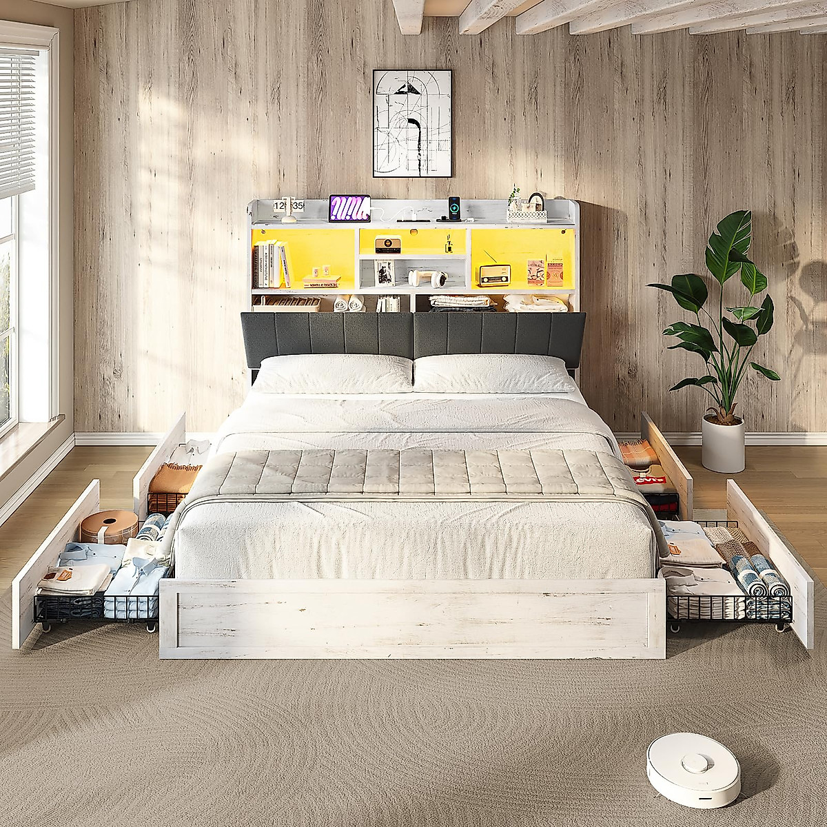 LUXOAK Full Farmhouse Bed Frame with Bookcase Headboard and 4 Drawers, LED Storage Bed with Charging Station & Linen Upholstered, No Box Spring Needed, Distressed White