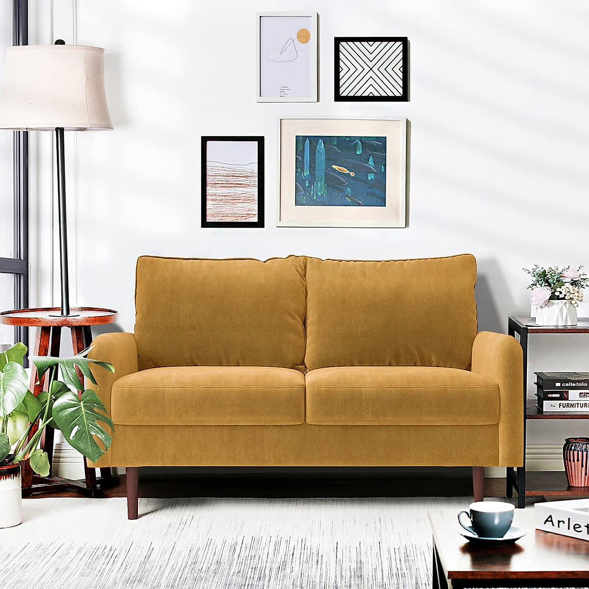 WANSE 56 inch Velvet Loveseat Sofa,Ginger Velvet Couch for Living Room, Couch with Solid Wood Frame, Easy Assembly, Couches for Living Room, Guest Room, Teenager's Room, and Small Apartment