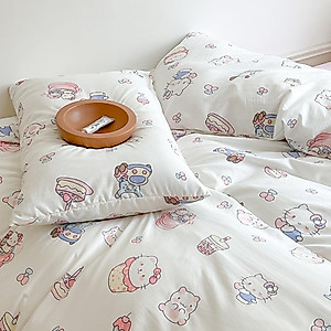 TELUSHEN Cartoon Anime Duvet Cover Sets,Cat Bedding Set with 1 Duvet Cover 1 Flat Sheet and 2 Pillow Shams,Cute Soft Comforter Cover for Teen Kids Girls (White,Queen79x91inch)