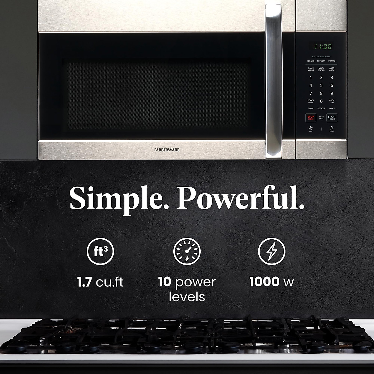 Farberware Over-the-Range Microwave Oven, 1.7 Cu. Ft. - 1000W - Auto Reheat, Multi-Stage Cooking, Melt/Soften Feature, Child Safety Lock, LED Display - Space Efficient & Powerful - Stainless Steel