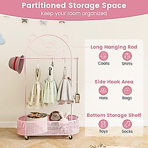 Costzon Kids Clothing Rack, Height Adjustable Kids Dress Up Storage for Hanging Clothes, Metal Garment Rack with Storage Basket, Wheels, Clothes Rack for Kids Room, Playroom, Bedroom (Pink)