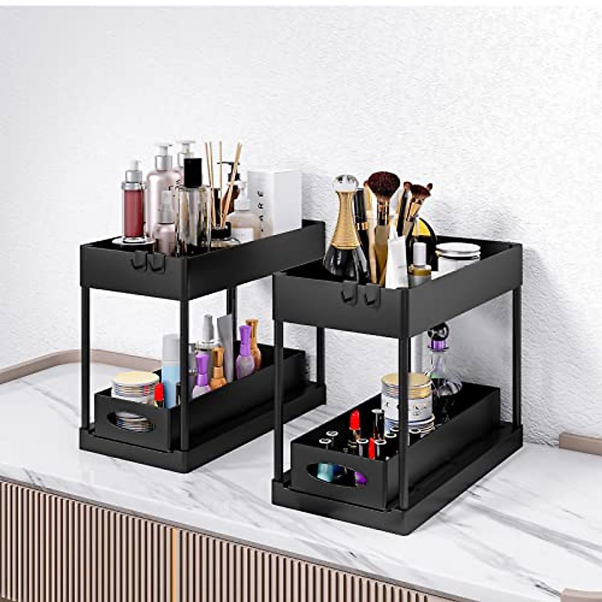 KMIGRUAN Under Sink Organizers and Storage,2 Tier Kitchen and Bathroom Organizer Under Sink Shelf，Multi-function with Hook Under Cabinet Organizer