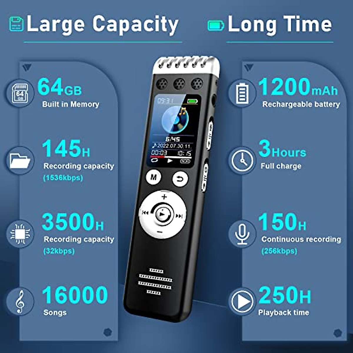 64GB Digital Voice Recorder with 3500Hours Recording 150H Battery Time, Voice Activated Recorder with Playback Sound Tape Recorder for Meeting Lecture, Noise Reduction,3072KBPS,OTG Phone Connection
