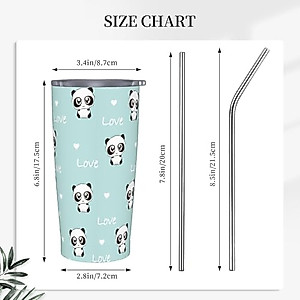 Yaxongx 20oz Tumbler Love Pandas Double Wall Vacuum Insulated Coffee Mug with Lid and Metal Straw Brush Reusable Stainless Steel Water Bottle Travel Cup Gifts for Car Ice Drinks Hot Beverage