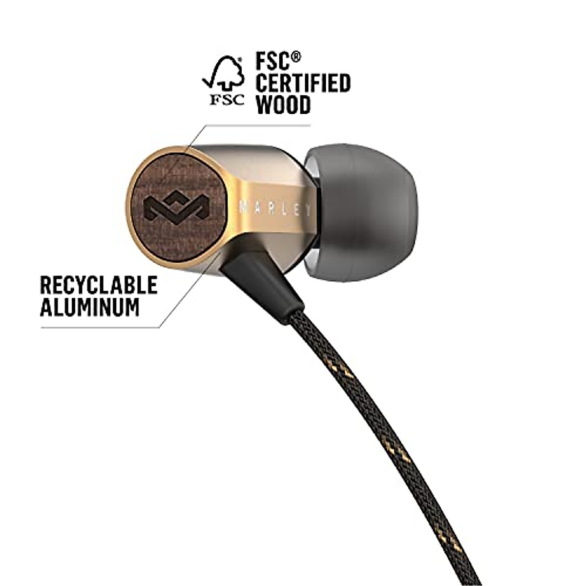 House of Marley Uplift 2: Wired Earphones with Microphone and Sustainable Materials (Brass)