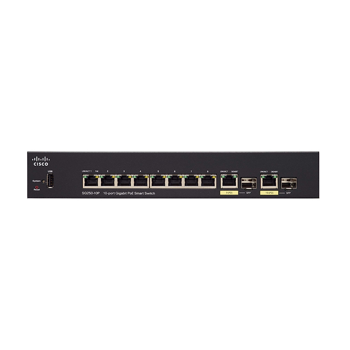 Cisco SG250-10P Smart Switch with 10 ports Gigabit Ethernet (GbE) Ports, 2 Gigabit Ethernet Combo SFP, 62W PoE, Limited Lifetime Protection (SG250-10P-K9-NA)