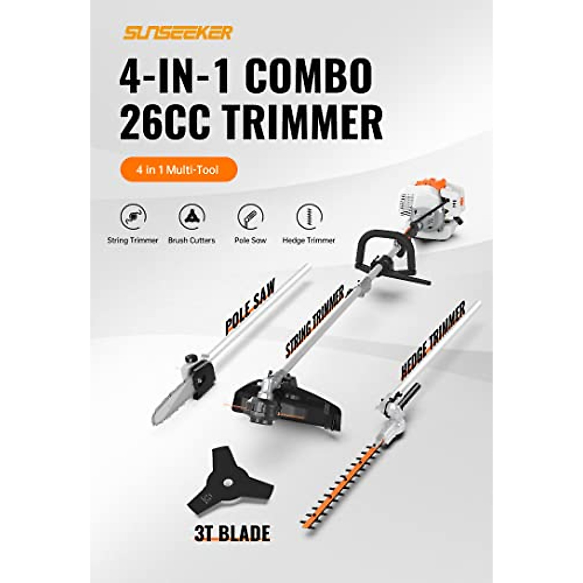 SUNSEEKER 26cc Weed Eater/Wacker Gas Powered, 4 in 1 String Trimmer, Wheeled Edger, Hedge Trimmer and Brush Cutter Blade, Multi Yard Care Tools, Rubber Handle & Shoulder Strap Included