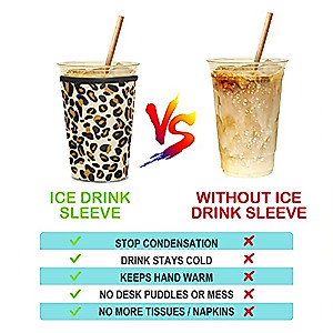 Iced Coffee Sleeve Reusable Cozy Drink Sleeve Kiatoras 3 Pack Neoprene Insulator Cup Sleeve for Cold Drinks Beverages Holder for Starbucks Coffee, McDonalds, Dunkin Donuts and More (Brown Leopard)