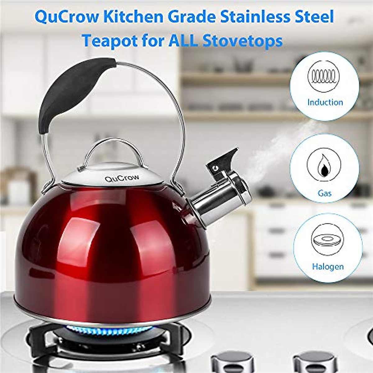 QuCrow Whistling Tea Kettle for All Stovetops, Kitchen Grade Stainless Steel Teapot with Ergonomics Handle, 2.5 Quart, Red